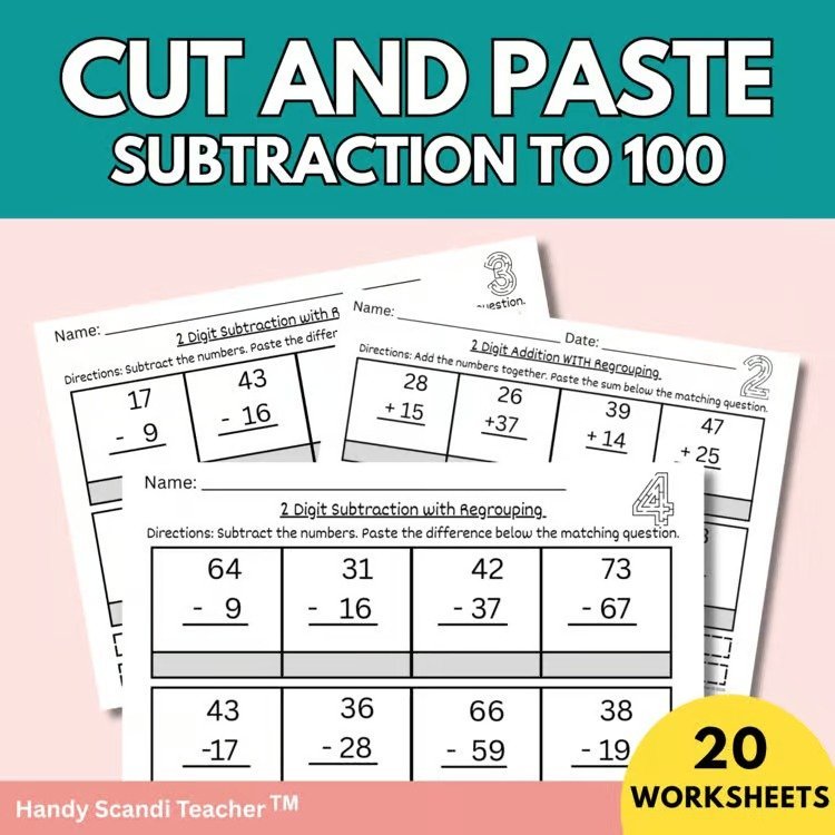 Cut and Paste Subtraction to 100 Activity No Prep – Handy Scandi Teacher