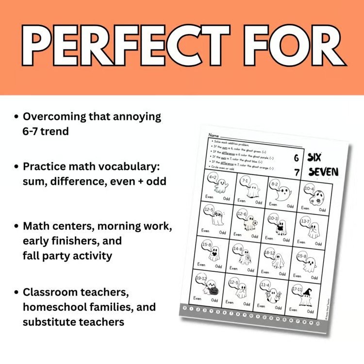 Halloween Math Fun: Six Seven l 6 – 7 Worksheets | Sums, Differences ...